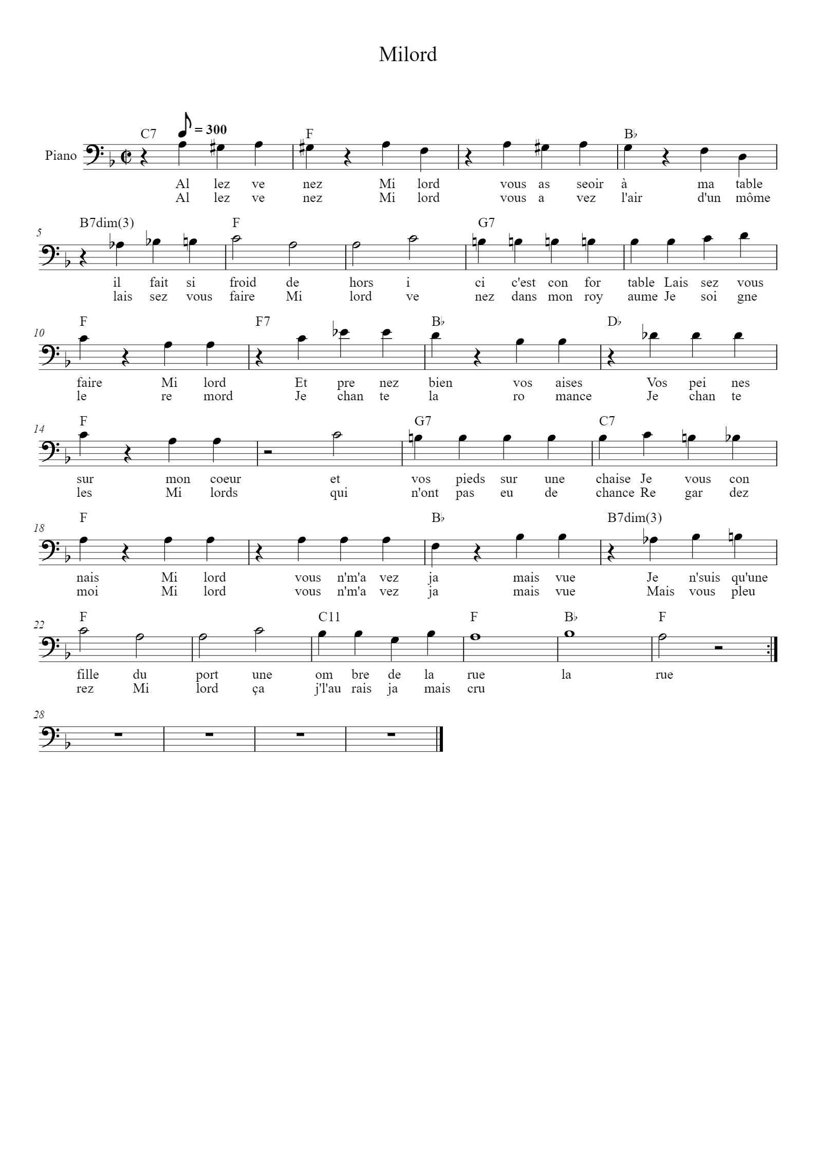'Milord' - Piano Sheet Music By xxx | TOPiano