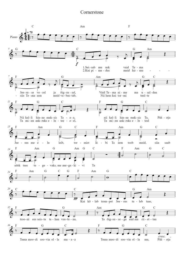 'Cornerstone' - Piano Sheet Music By Hillsong Worship Seade: Liidia ...
