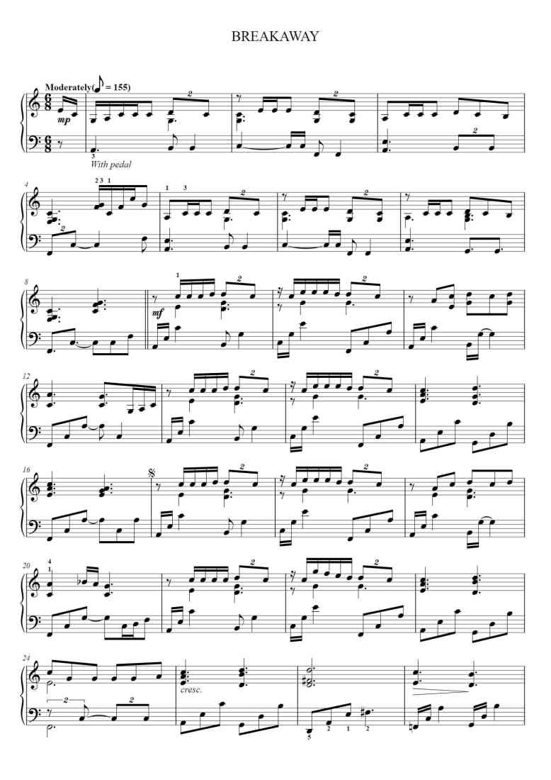 'Breakaway' - Piano Sheet Music By Words and Music by BRIDGET BENENATE ...