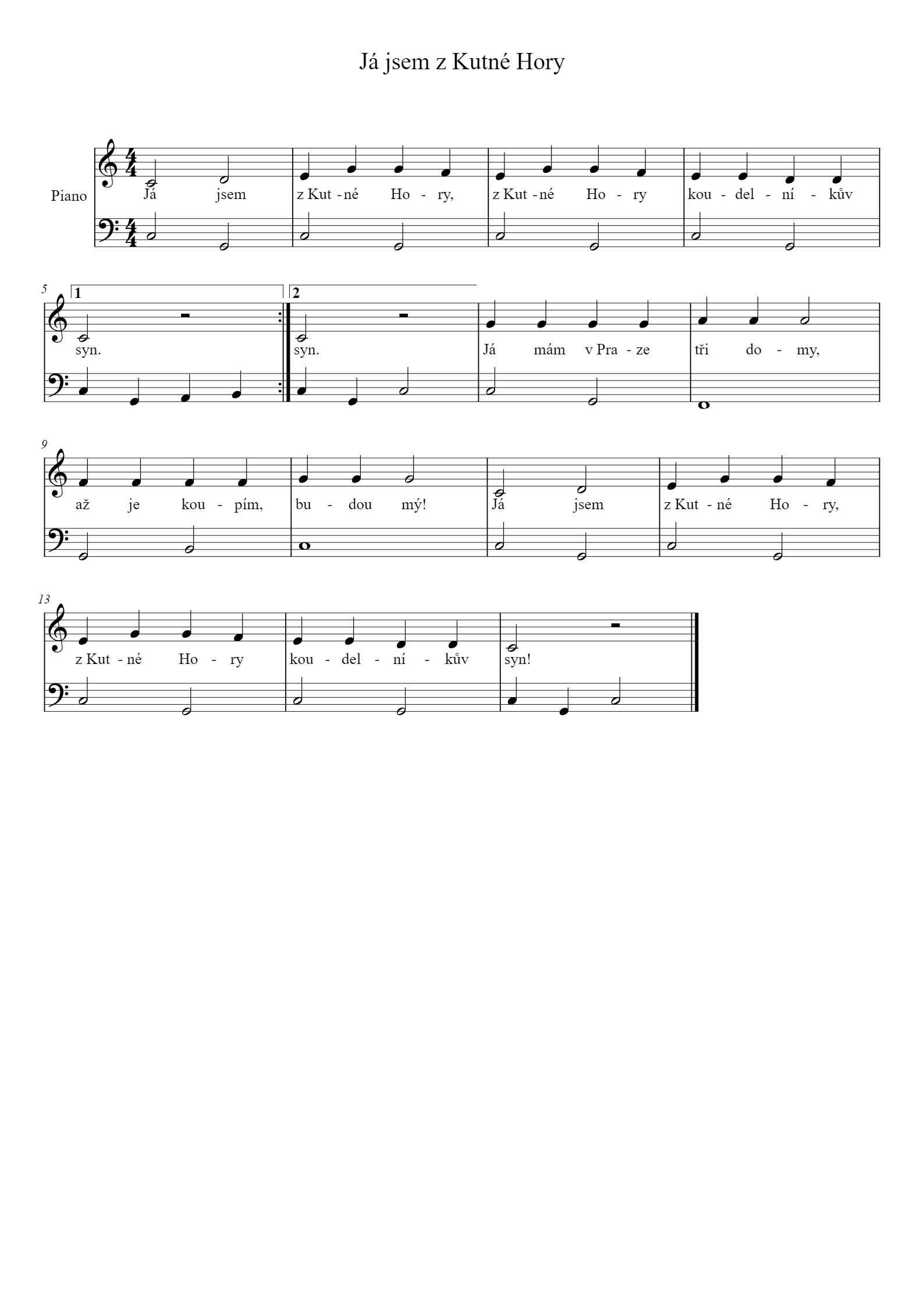'Já jsem z Kutné Hory' - Piano Sheet Music By | TOPiano