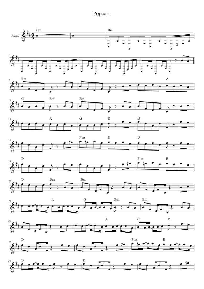 'Popcorn' - Piano Sheet Music By Hot Butter | TOPiano