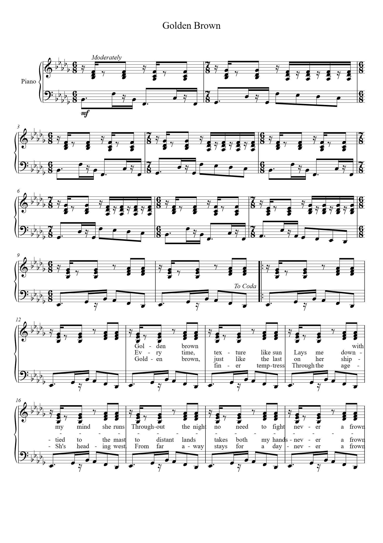 'Golden Brown' - Piano Sheet Music By Dave Greenfield Jet Black Hugh ...