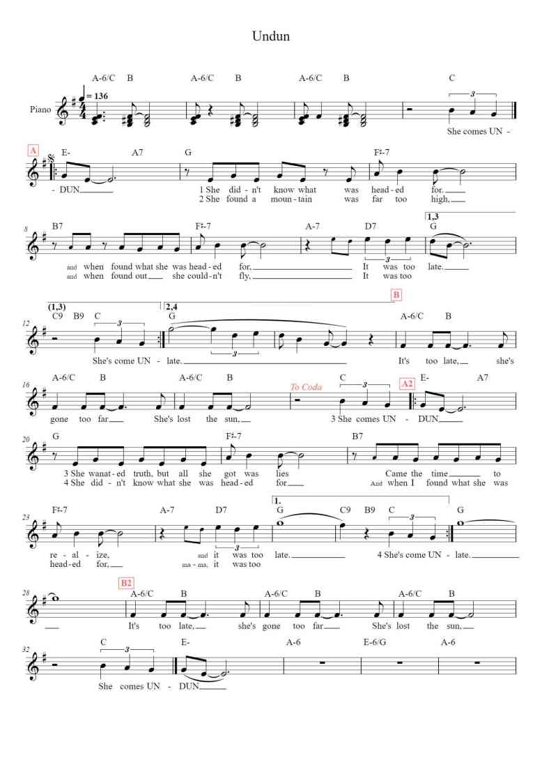 'Undun' - Piano Sheet Music By Randy Bachman | TOPiano