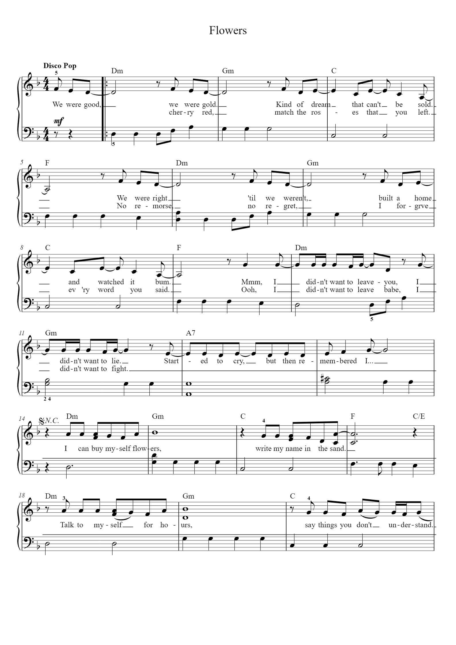 'Flowers' - Piano Sheet Music By Words and Music by MILEY CYRUS ...