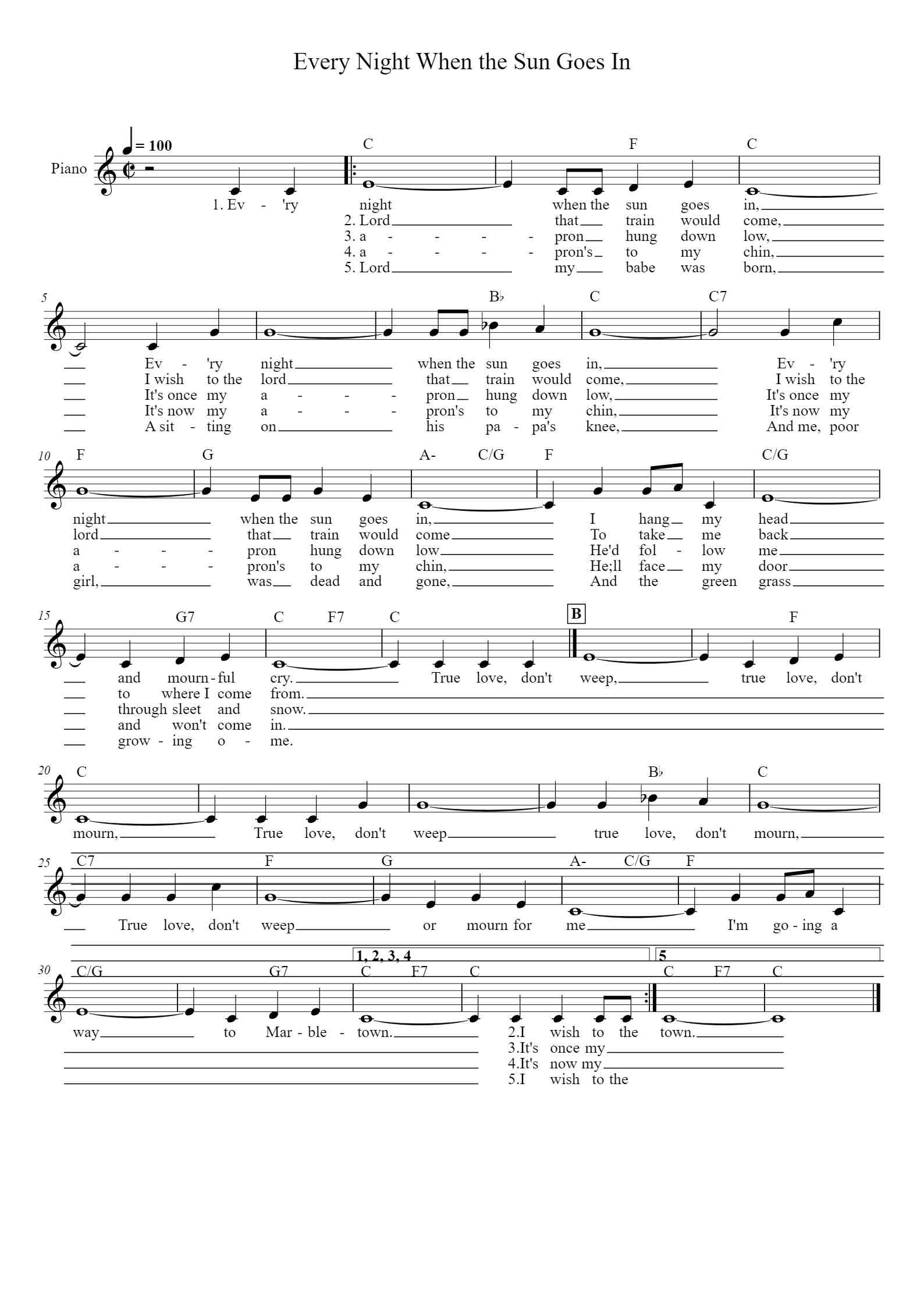 'Every Night When the Sun Goes In' - Piano Sheet Music By Southern ...