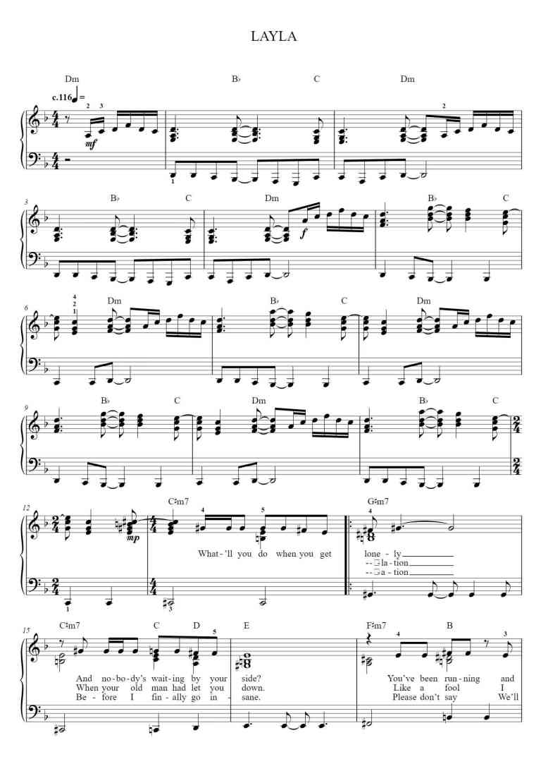 'Layla' - Piano Sheet Music By Words and Music by Erik Clapton and Jim ...