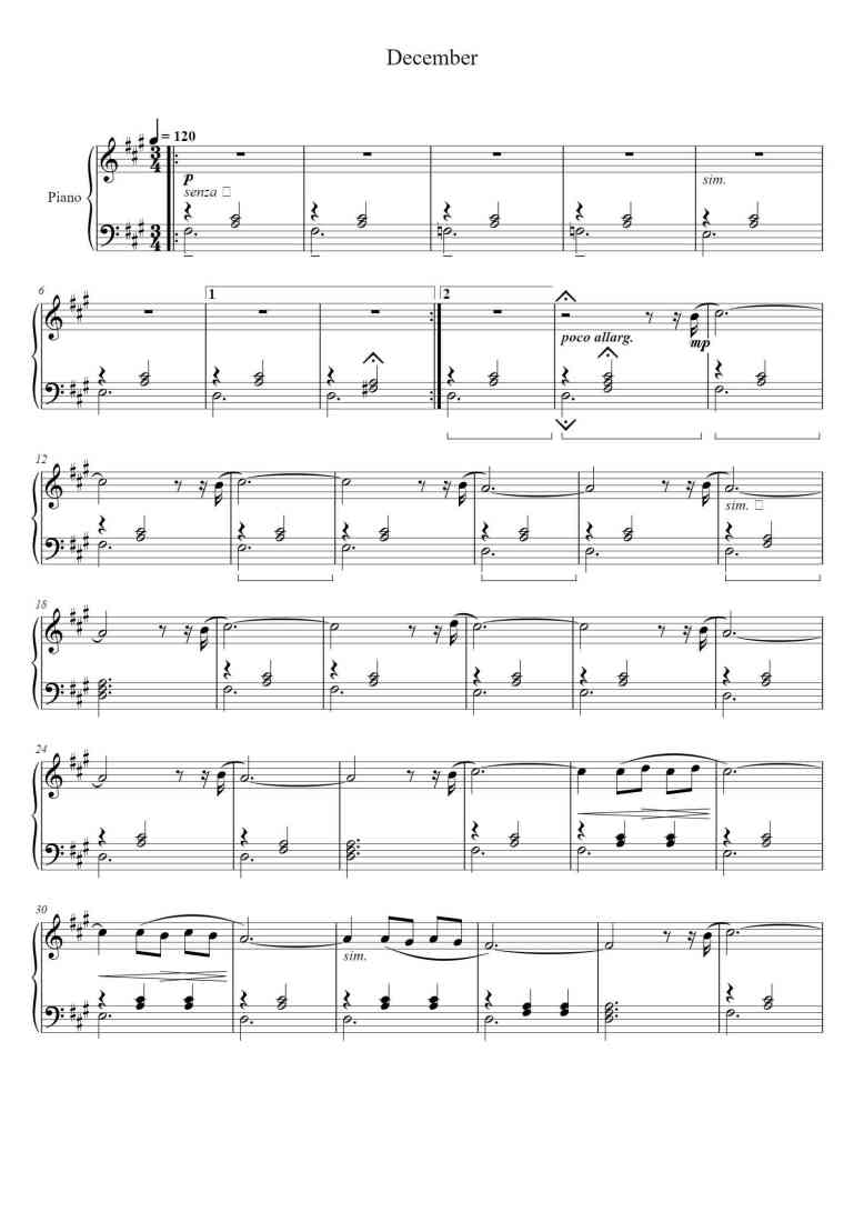 'December' - Piano Sheet Music By Keycie Rayac | TOPiano