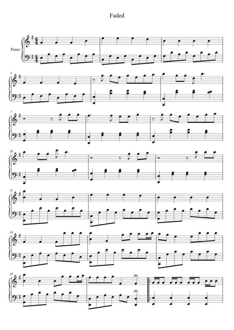 'Faded' - Piano Sheet Music By Jesper Borgen/Anders Froen/Gunnar Greve ...