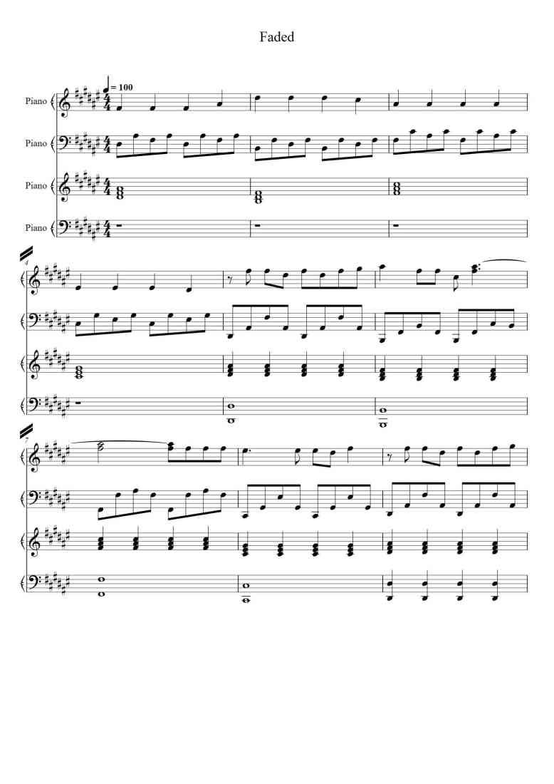 'faded 四手联弹 Alan Walker 原调' - Piano Sheet Music By Jesper Borgen/Anders ...