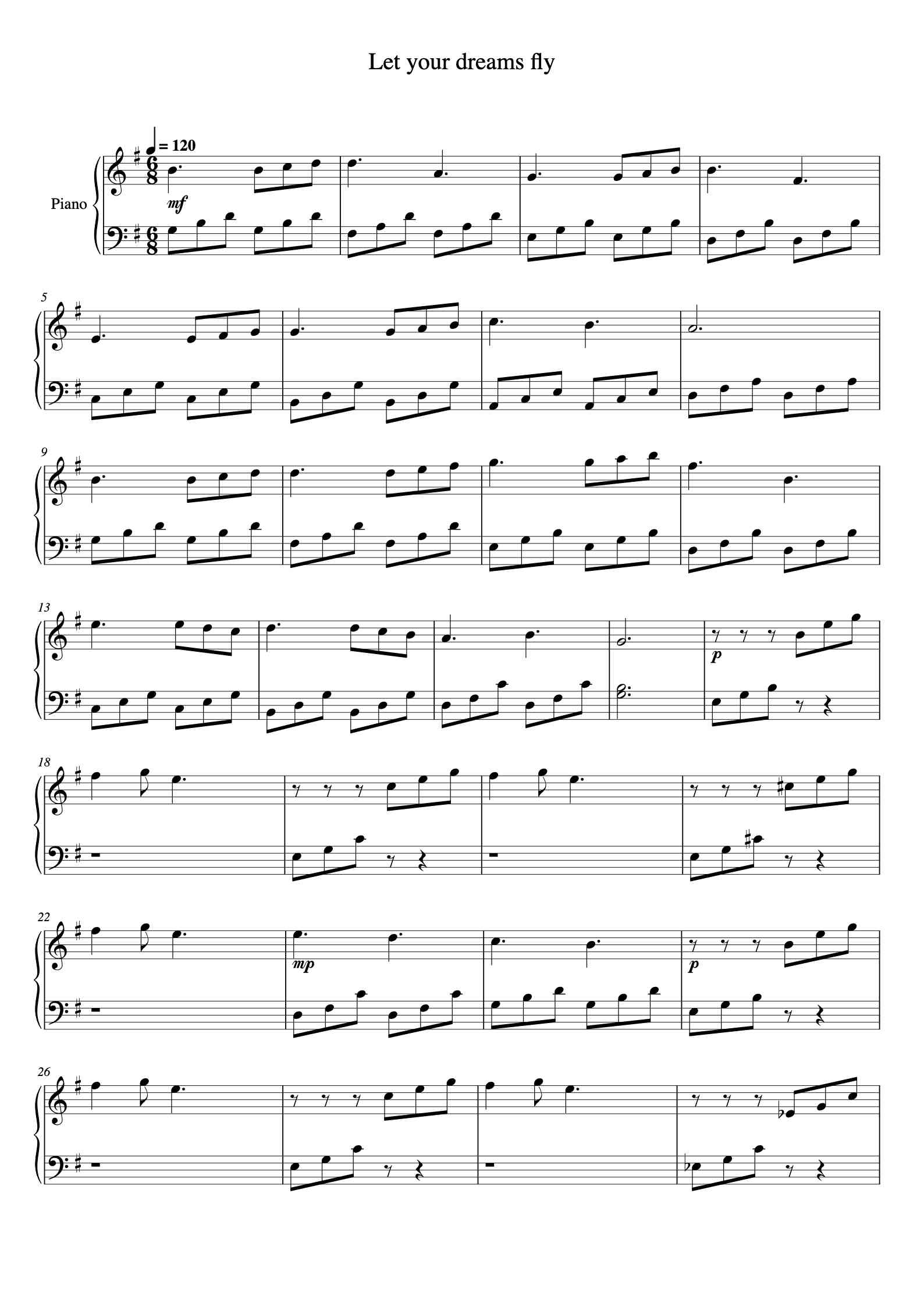 'Let your dreams fly' - Beginner Piano Sheet Music by 奥莎娜·卢特 | TOPiano