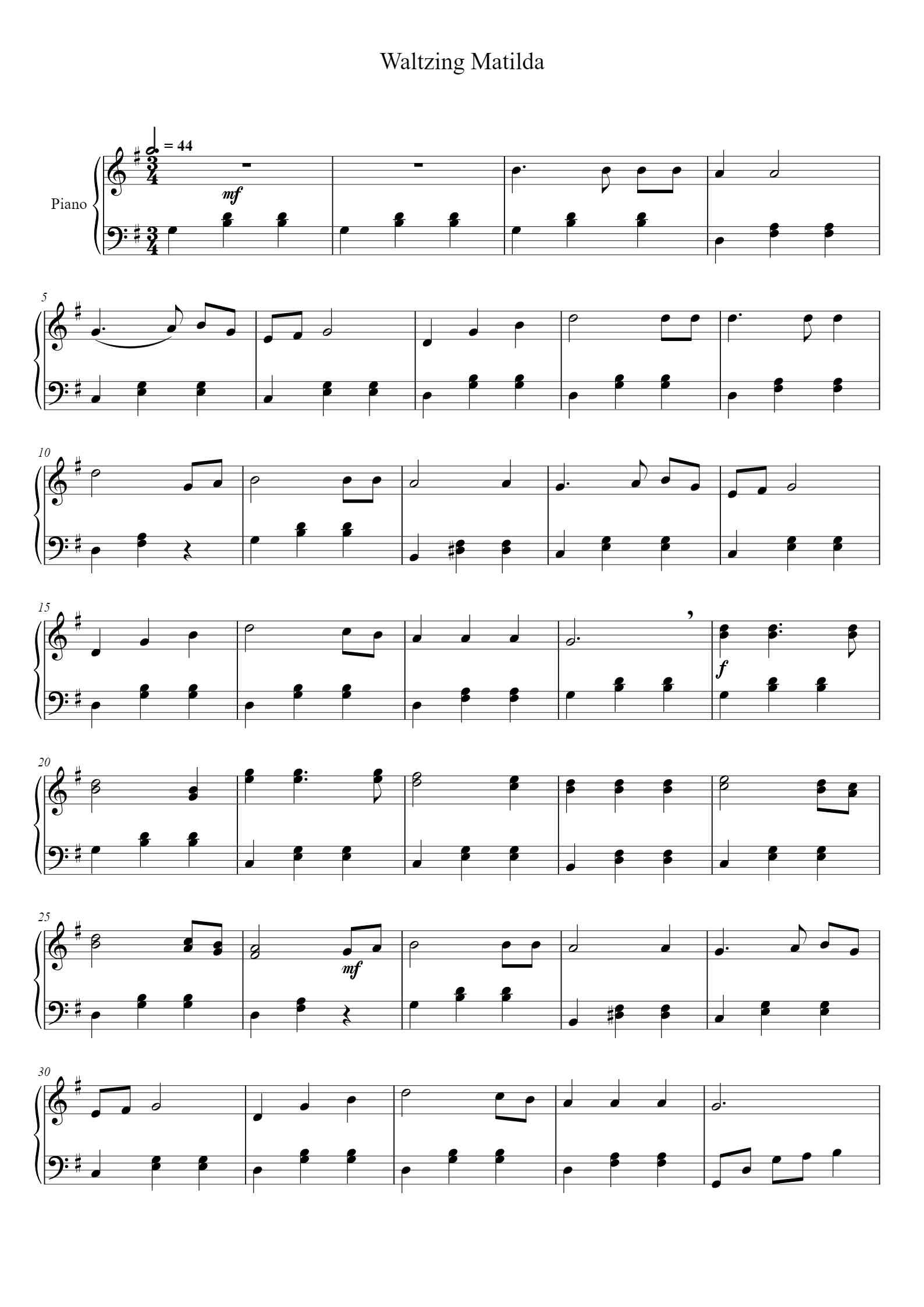'Waltzing Matilda' - Piano Sheet Music By Original by Banjo Paterson ...