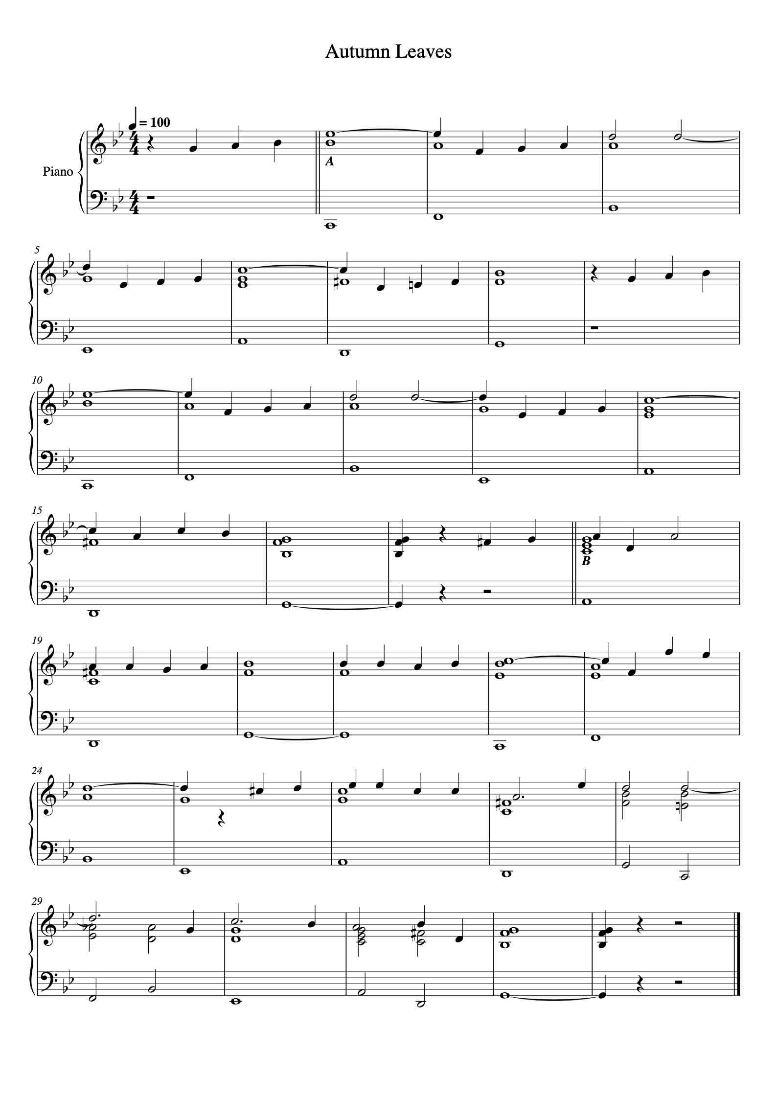 'Autumn Leaves（简单版）' - Piano Sheet Music By Joseph Kosma | TOPiano