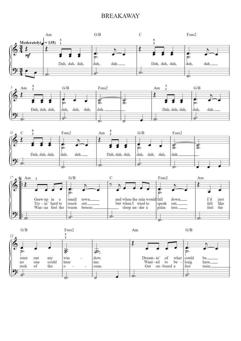 'Breakaway' - Piano Sheet Music By Words and Music by BRIDGET BENENATE ...