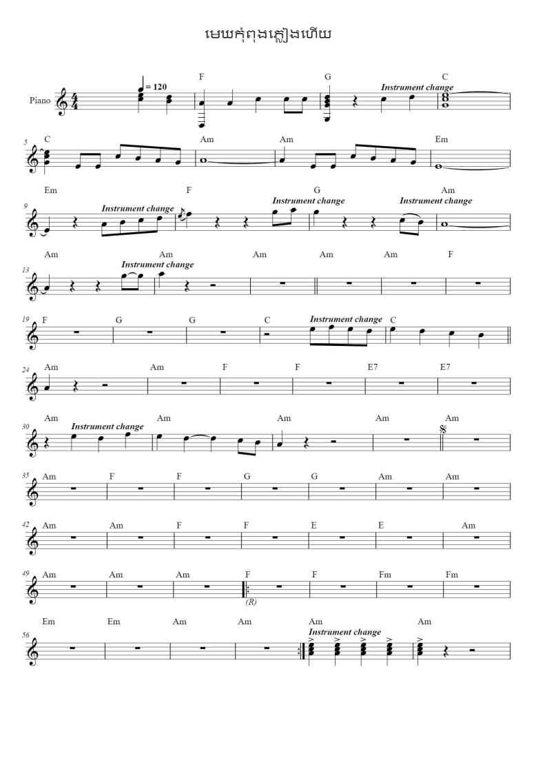 'មេឃកំុពុងភ្លៀងហើយ' - Piano Sheet Music By Written by: Chea Tim | TOPiano