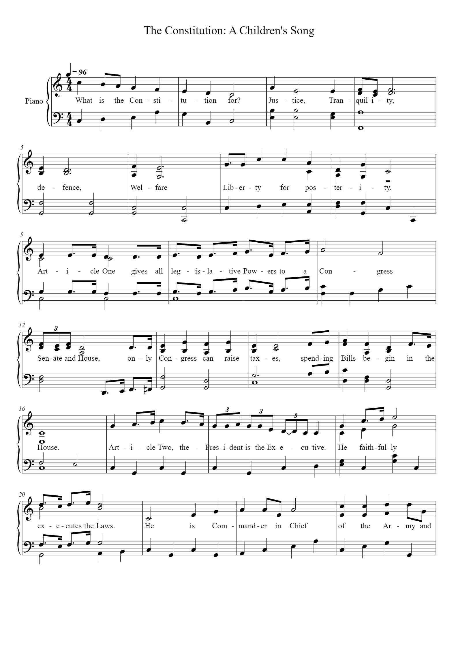 'The Constitution: A Children's Song' - Piano Sheet Music By Wordnia ...
