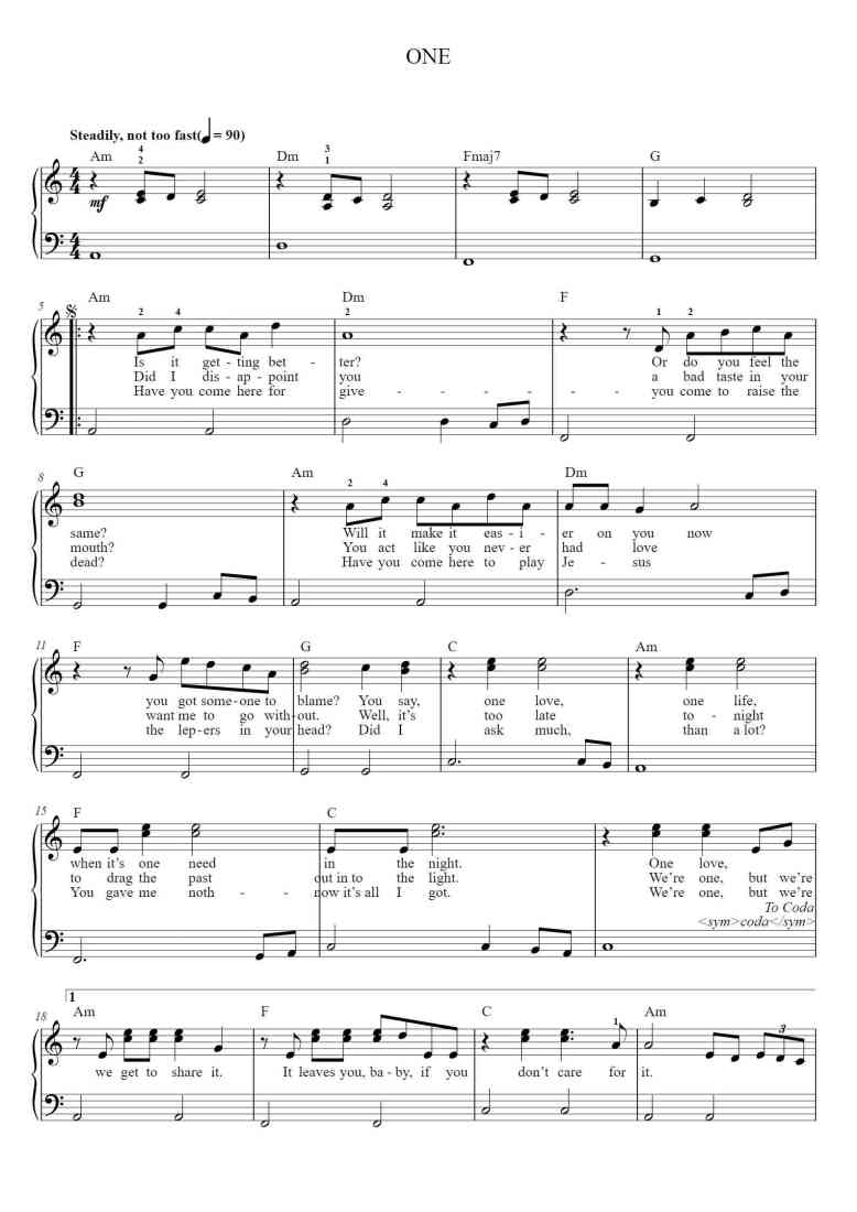 'One' - Piano Sheet Music By Lyrics by BONO and THE EDGE Music by U2 ...