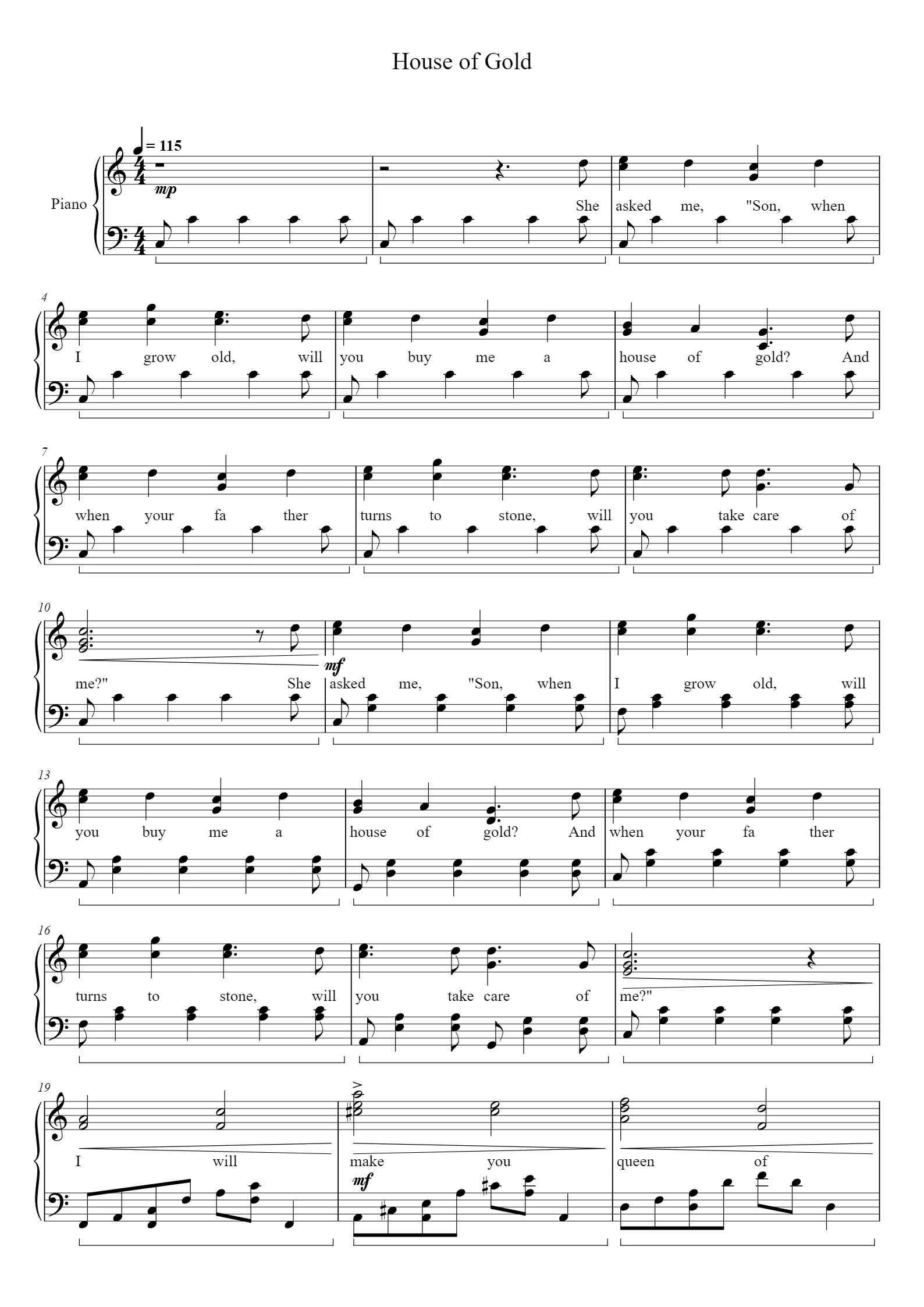 'House of Gold' - Piano Sheet Music By Arrangement by Grace Newman ...