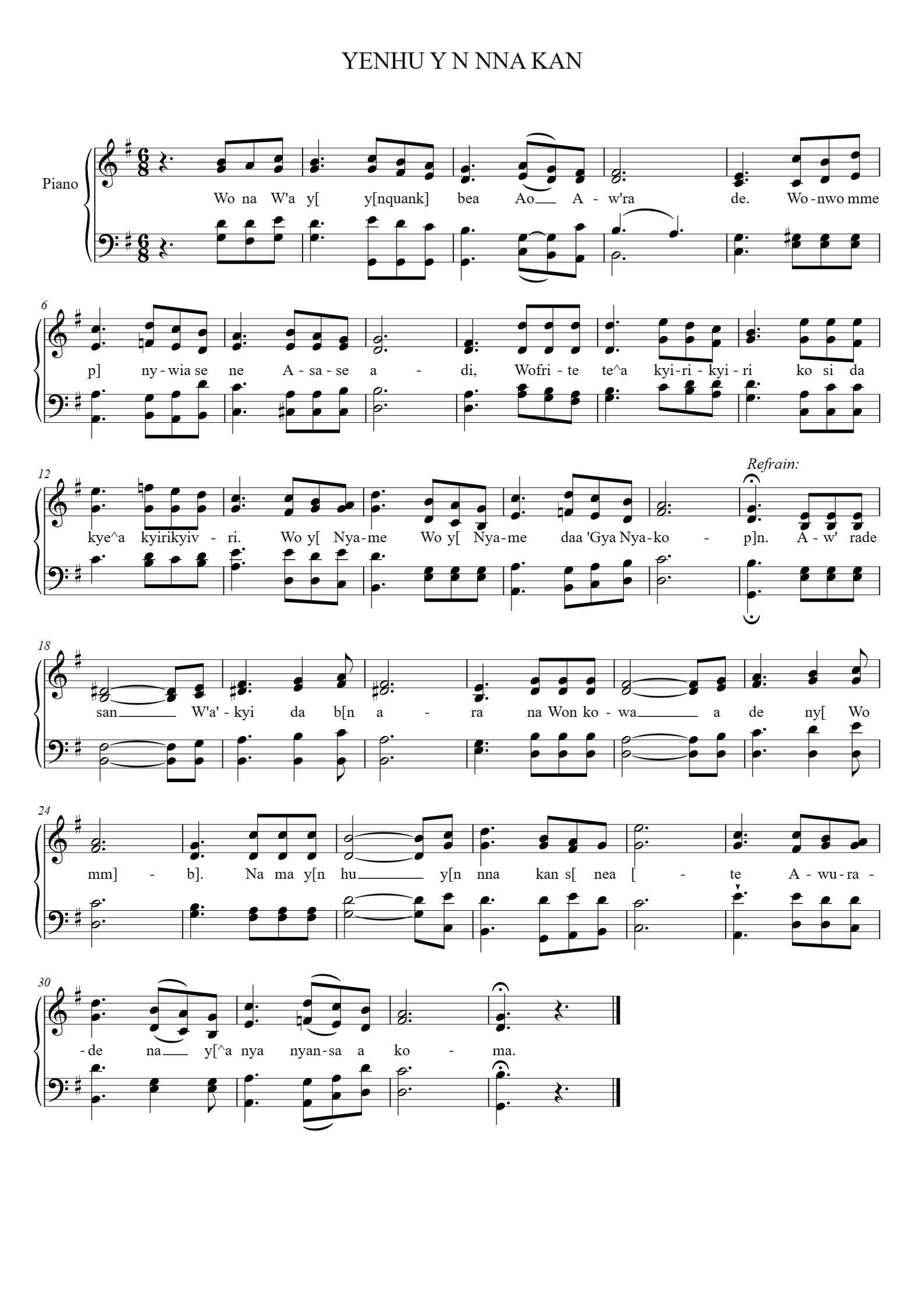 YENHU Y N NNA KAN钢琴谱 - Osei Boateng - free piano sheet music - PiaNoproblem