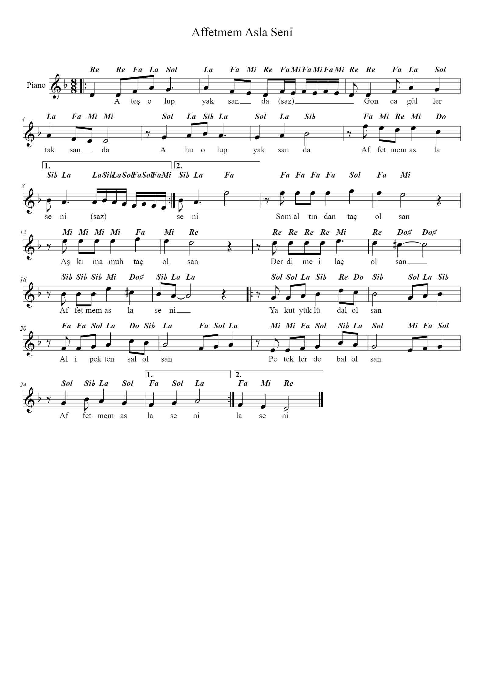 'Affetmem Asla Seni' - Piano Sheet Music By Yıldırım Gürses | TOPiano