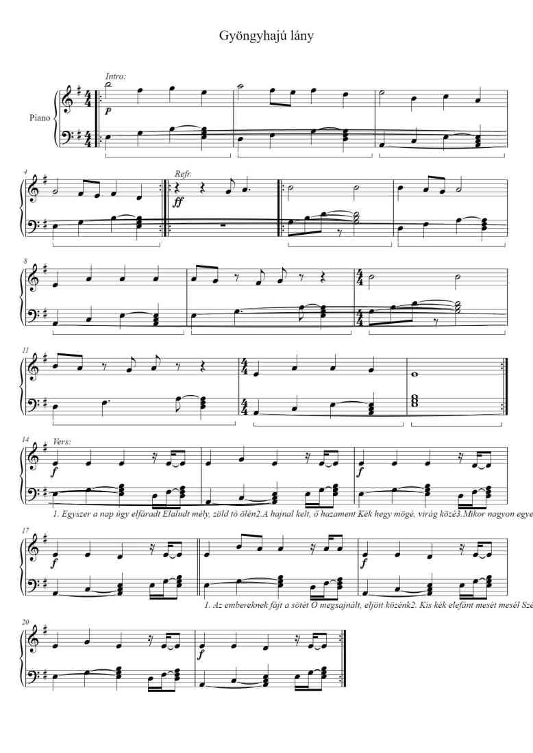 'Gyöngyhajú lány' - Piano Sheet Music By Szövegíró: Adamis Anna ...