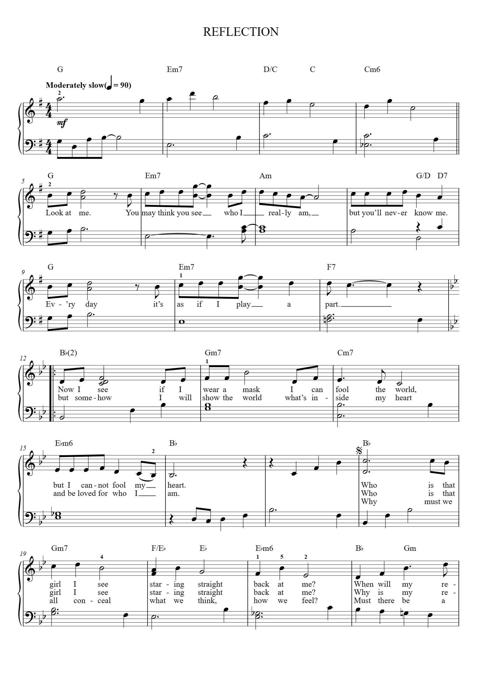 'Reflection' - Piano Sheet Music By Music by MATTHEW WILDER Lyrics by ...