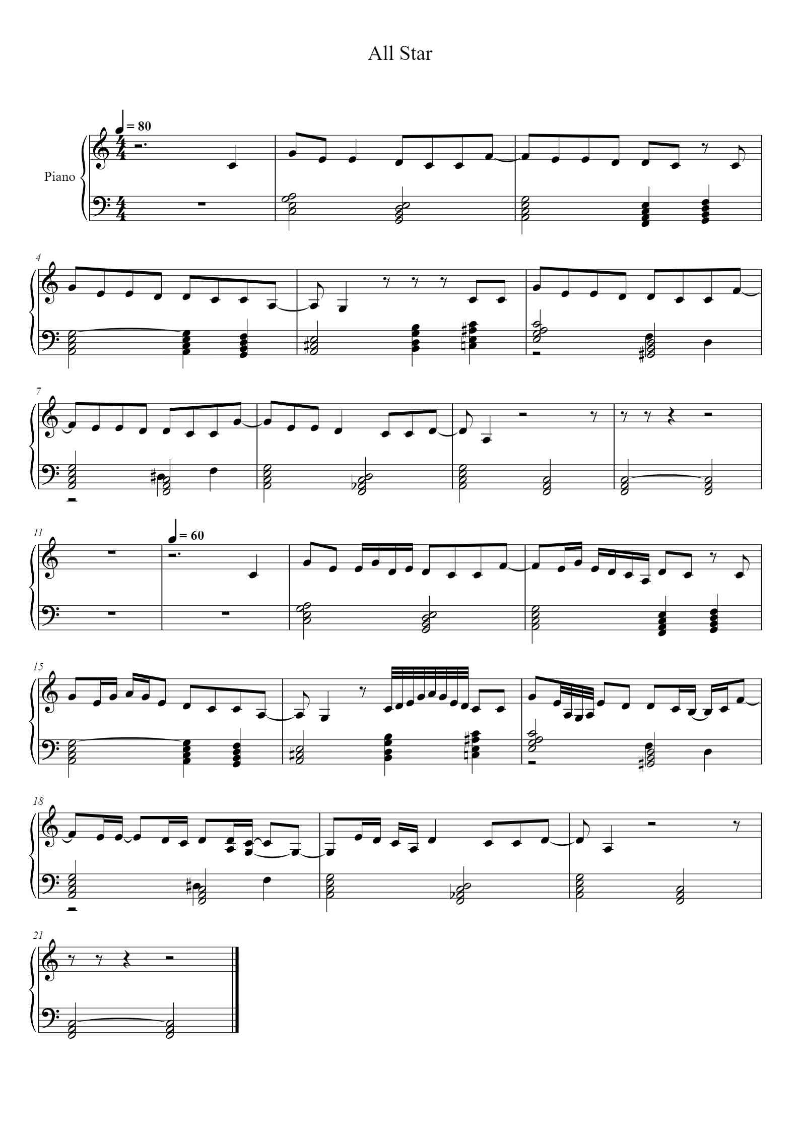 All Star钢琴谱 - Smash Mouth - free piano sheet music - PiaNoproblem