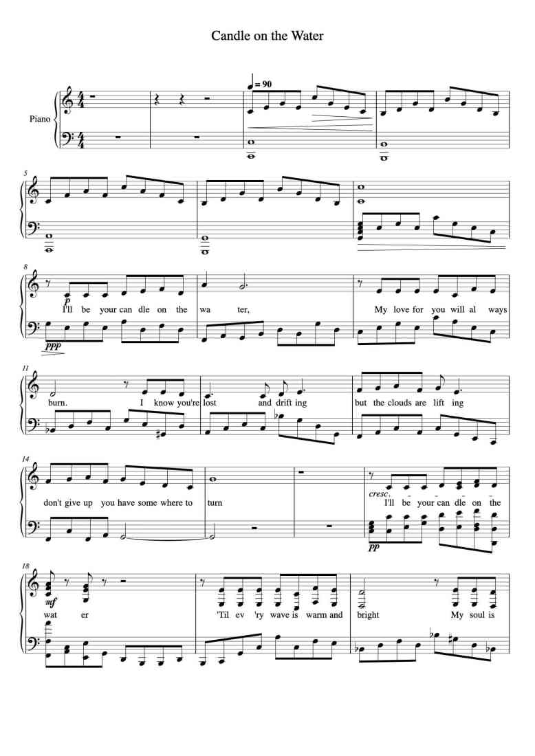 'Candle on the Water' - Piano Sheet Music By Originally composed by Al ...