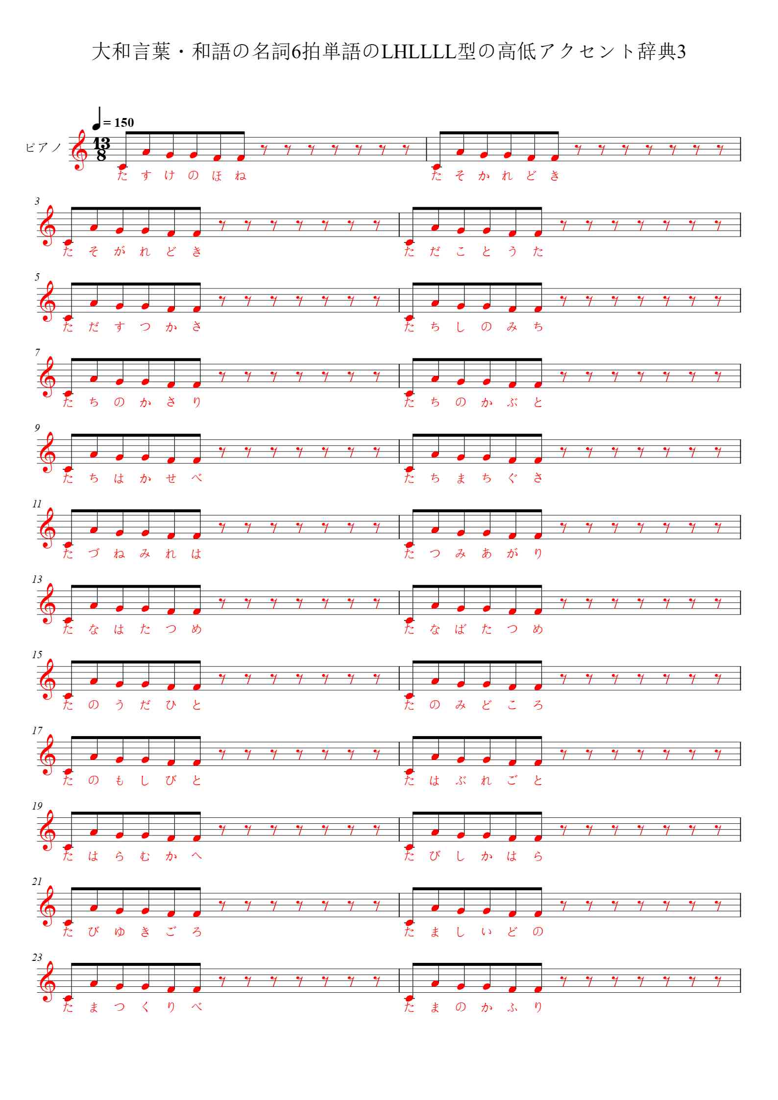 '大和言葉・和語の名詞6拍単語のLHLLLL型の高低アクセント辞典3' - Piano Sheet Music By 作曲 若松 良宗 ...