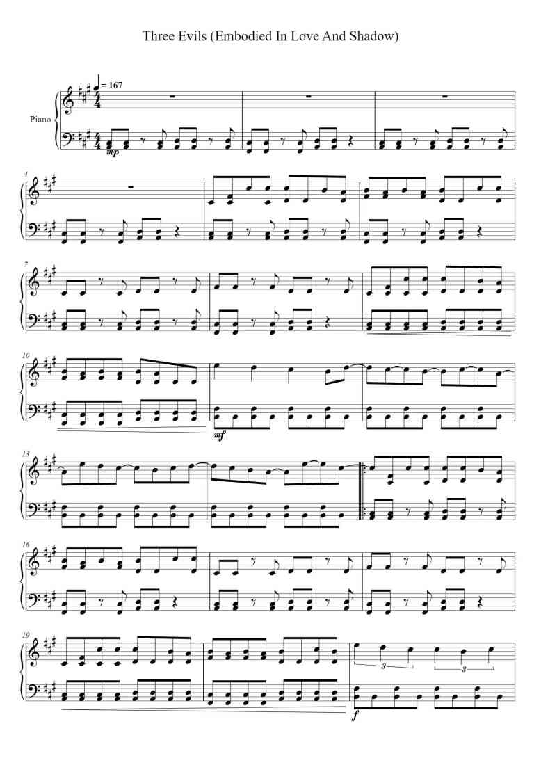 'Three Evils (Embodied In Love And Shadow)' - Piano Sheet Music By ...
