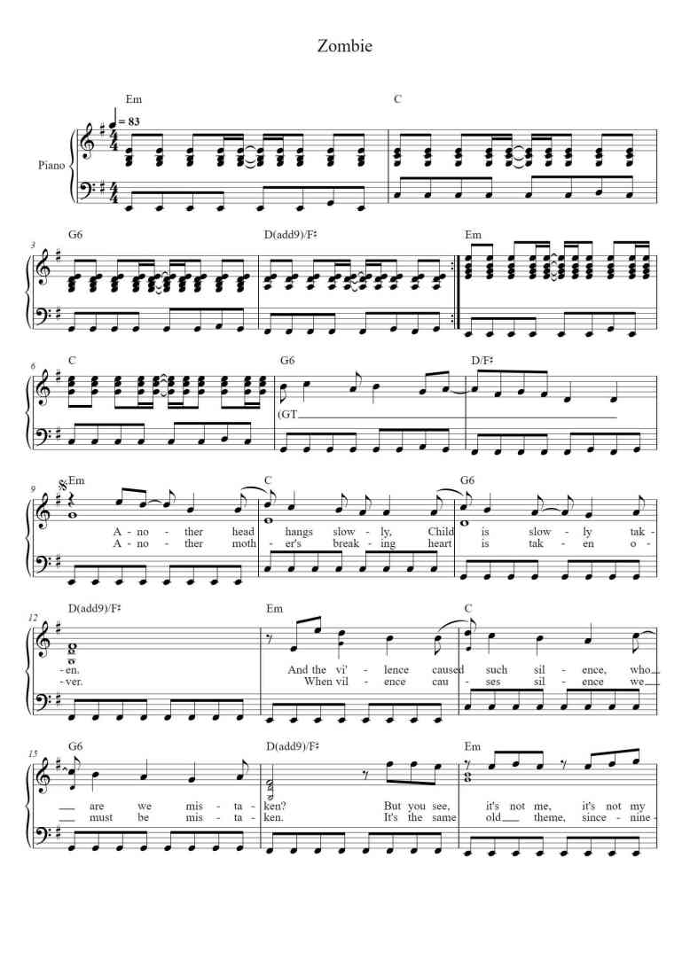 'Zombie' - Piano Sheet Music By The Cranberries | TOPiano
