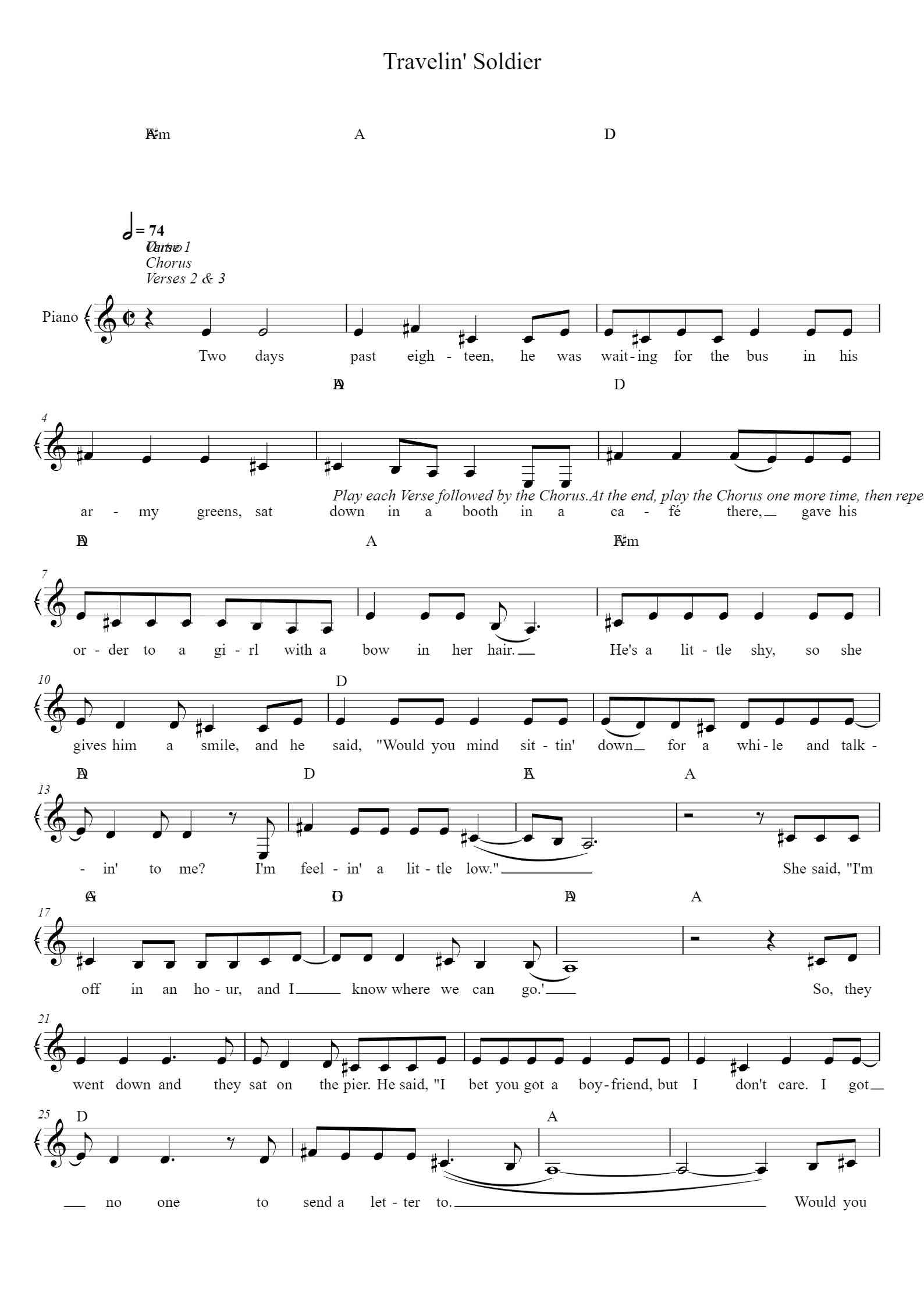Travelin Soldier Piano Sheet Music By Bruce Robison Topiano