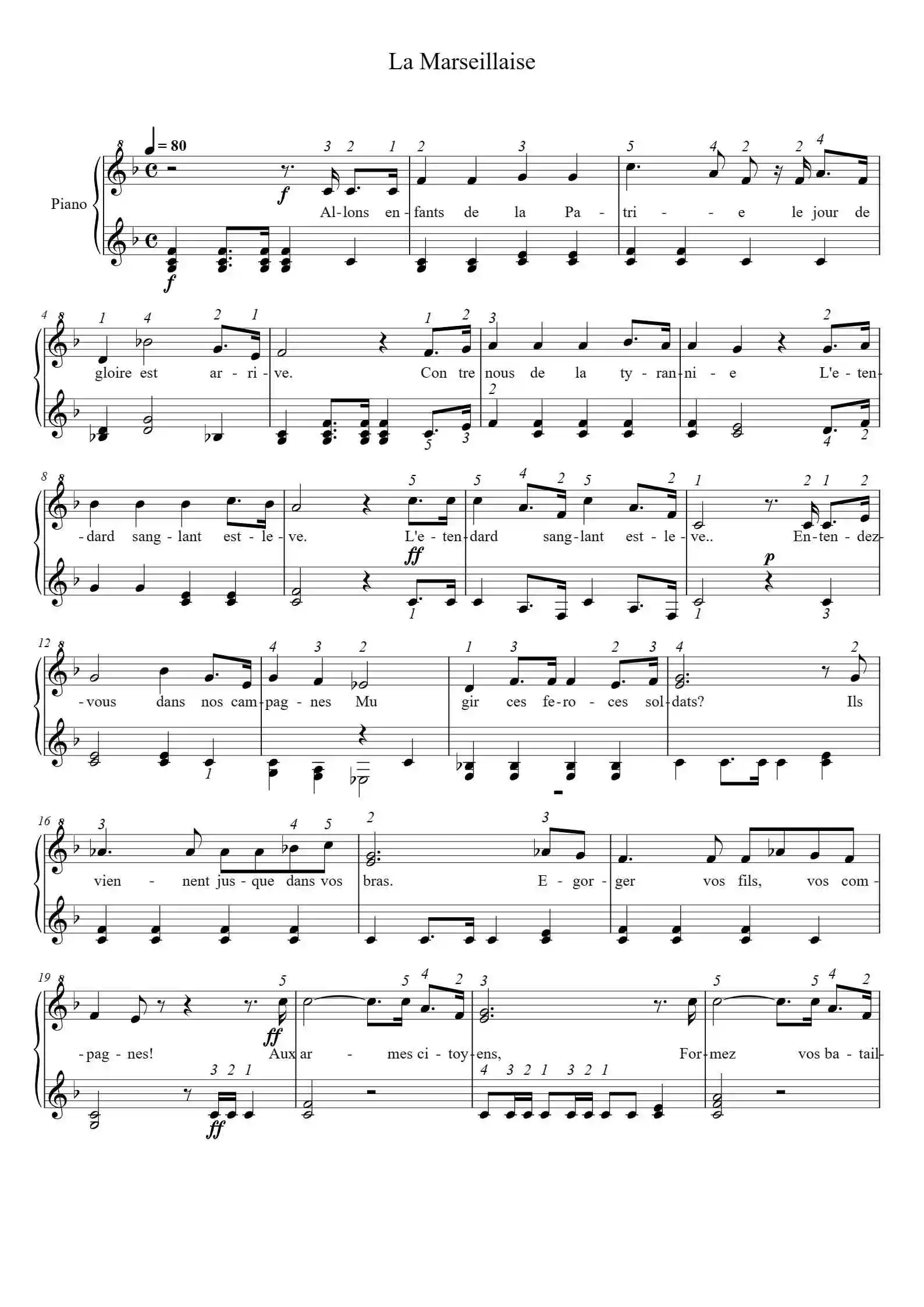 'La Marseillaise' - Beginner Piano Sheet Music by Jean-Claude Rouget de ...