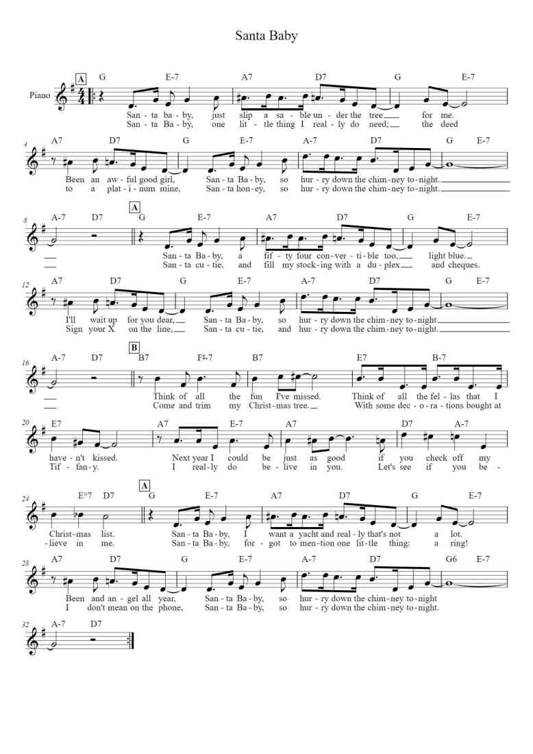 'Santa Baby' - Piano Sheet Music By Joan Javits and Philip Springer ...