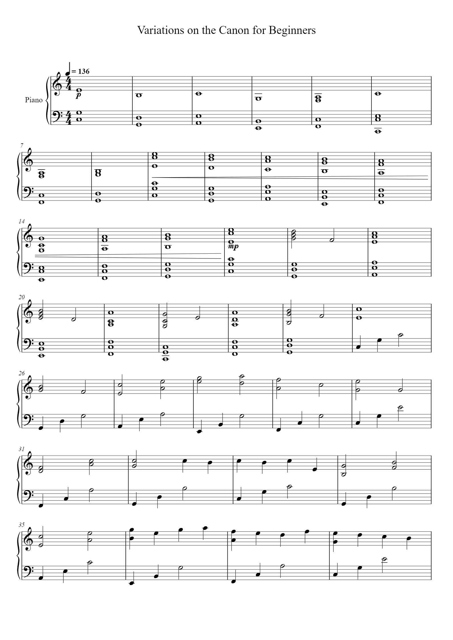 'Variations on the Canon for Beginners' - Piano Sheet Music By Johann ...