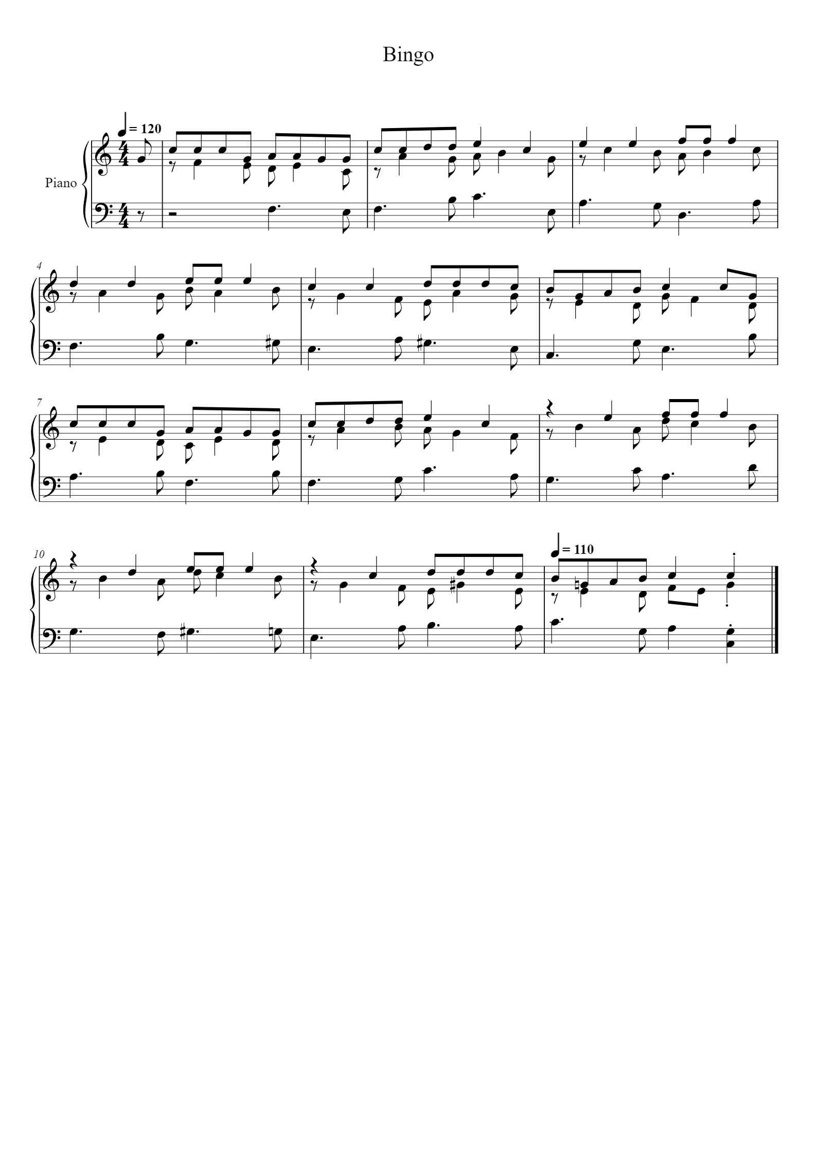 'Bingo' - Piano Sheet Music By Traditional | TOPiano