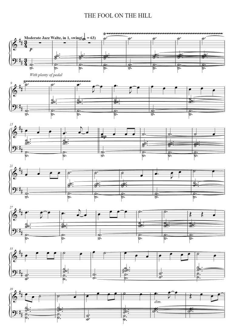 'The Fool On The Hill' - Piano Sheet Music By Words and Music by JOHN ...