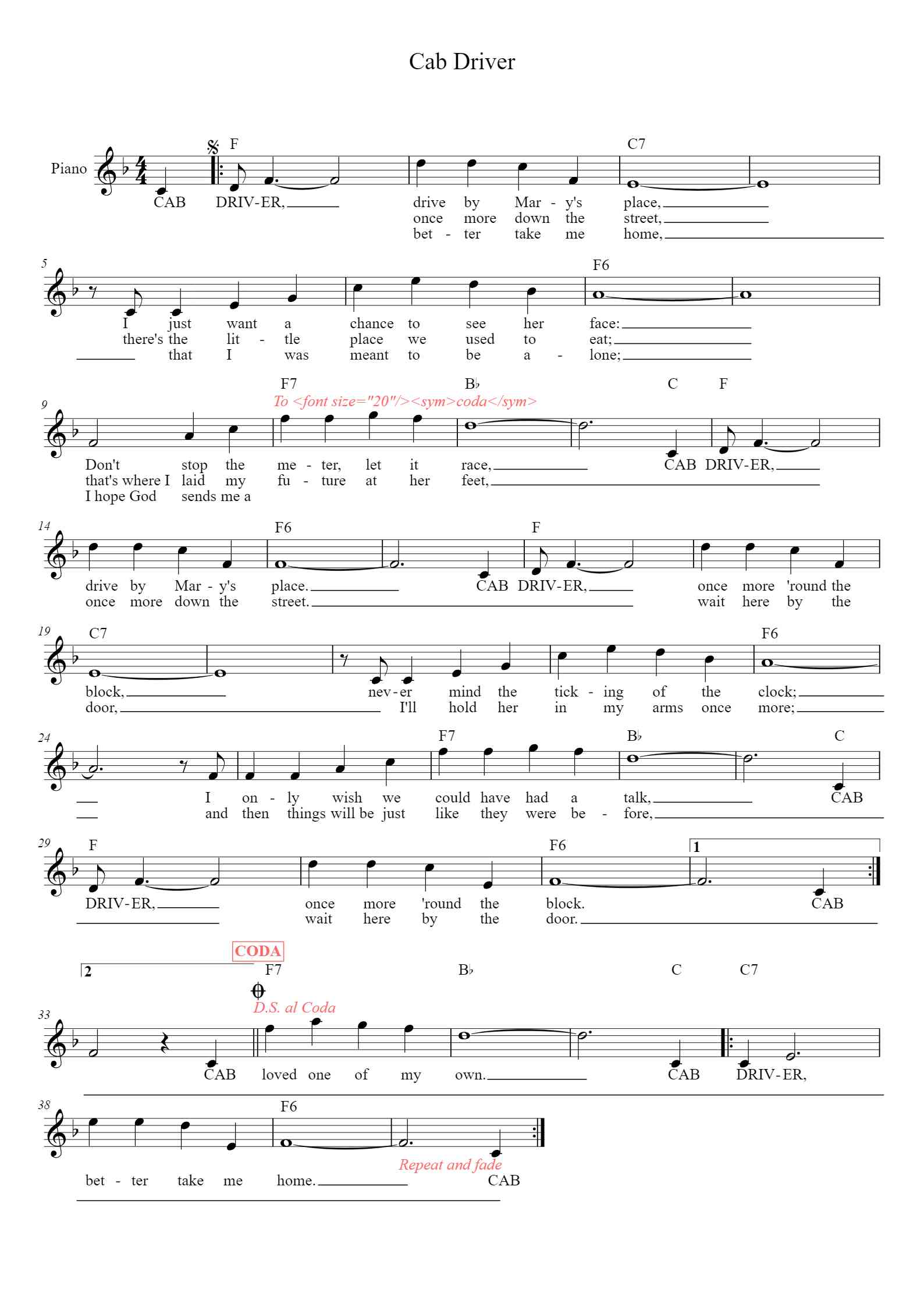 'Cab Driver' - Piano Sheet Music By Carson Parks | TOPiano