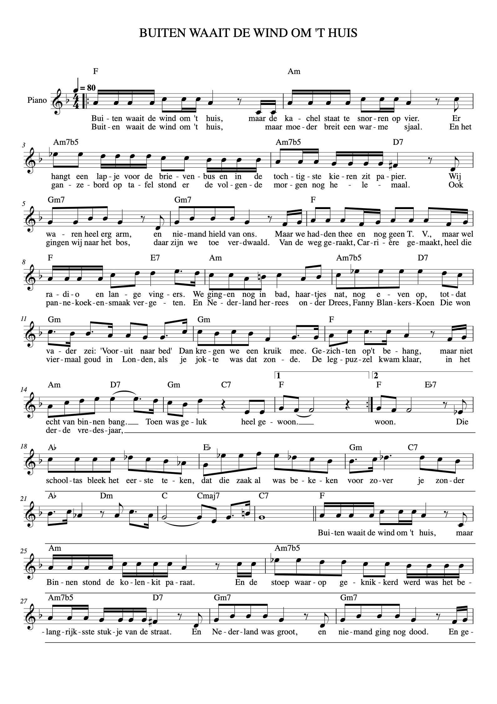 'BUITEN WAAIT DE WIND OM 'T HUIS' - Piano Sheet Music By xxx | TOPiano