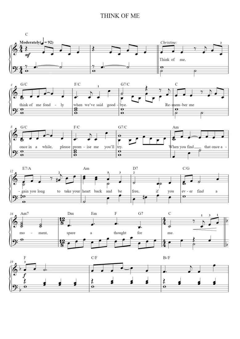 'Think of Me' - Piano Sheet Music By Music by ANDREW LLOYD WEBBER ...
