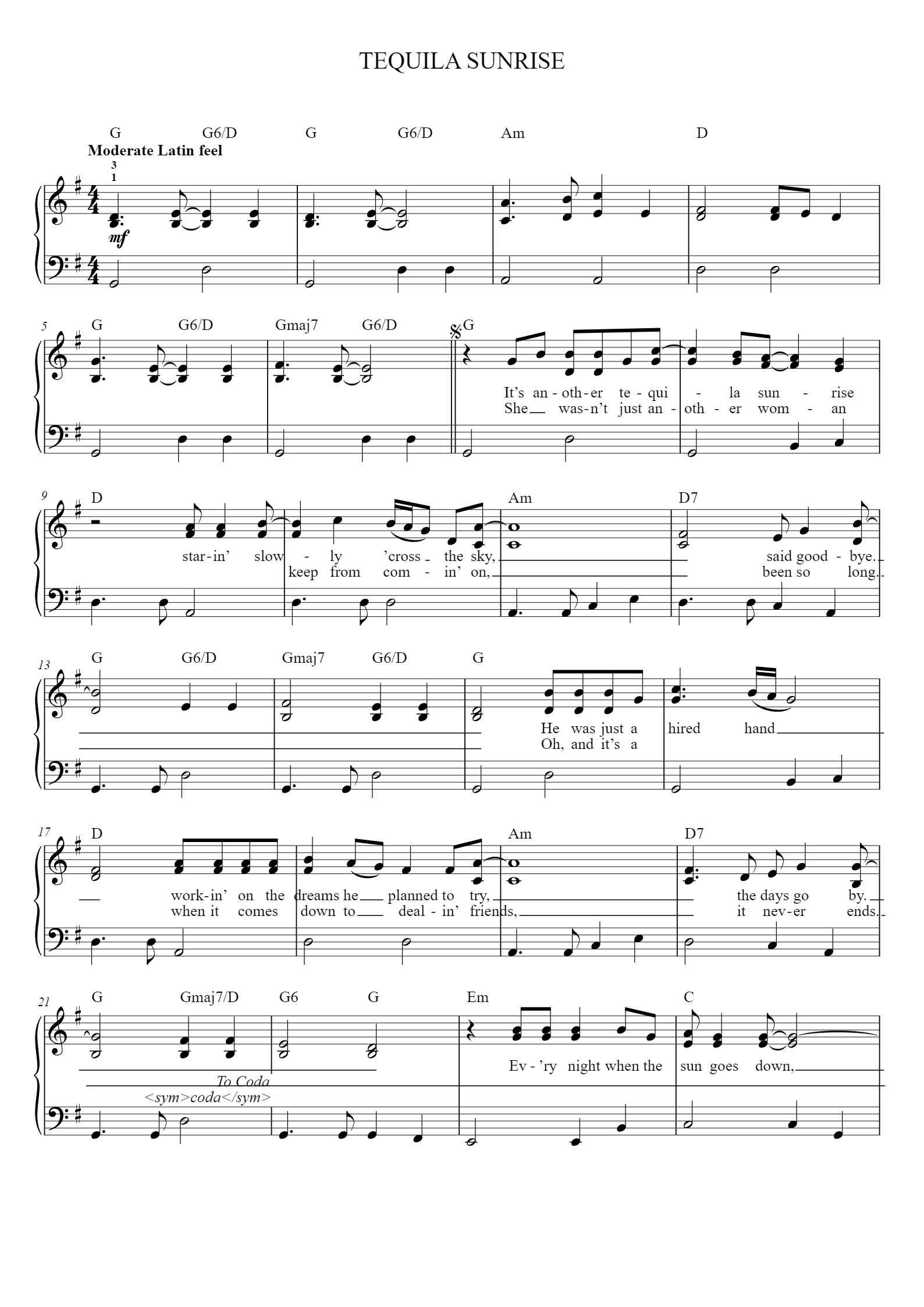 Tequila Sunrise钢琴谱 - Words and Music by DON HENLEY and GLENN FREY ...