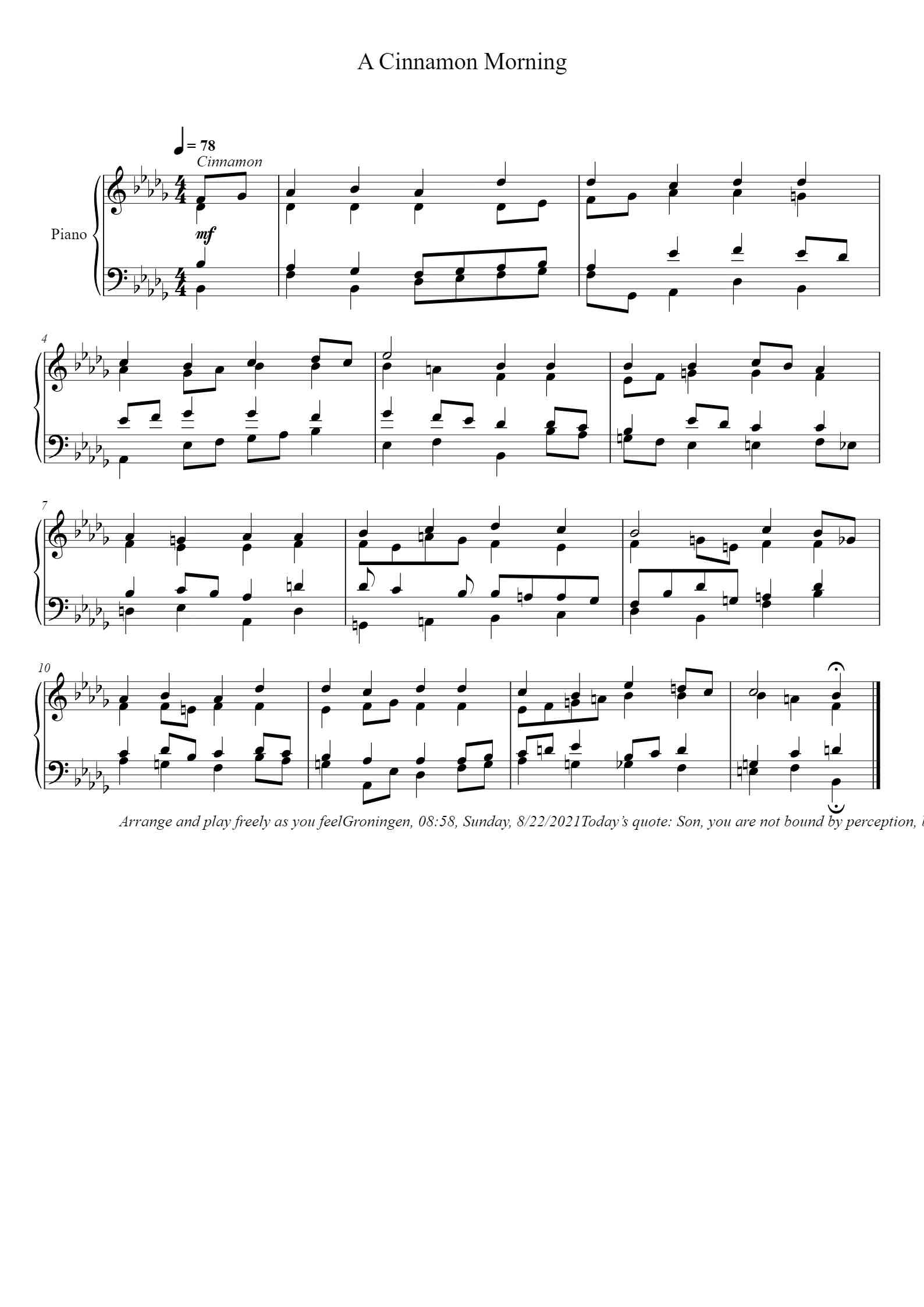 'A Cinnamon Morning' - Piano Sheet Music By Toursbur | TOPiano