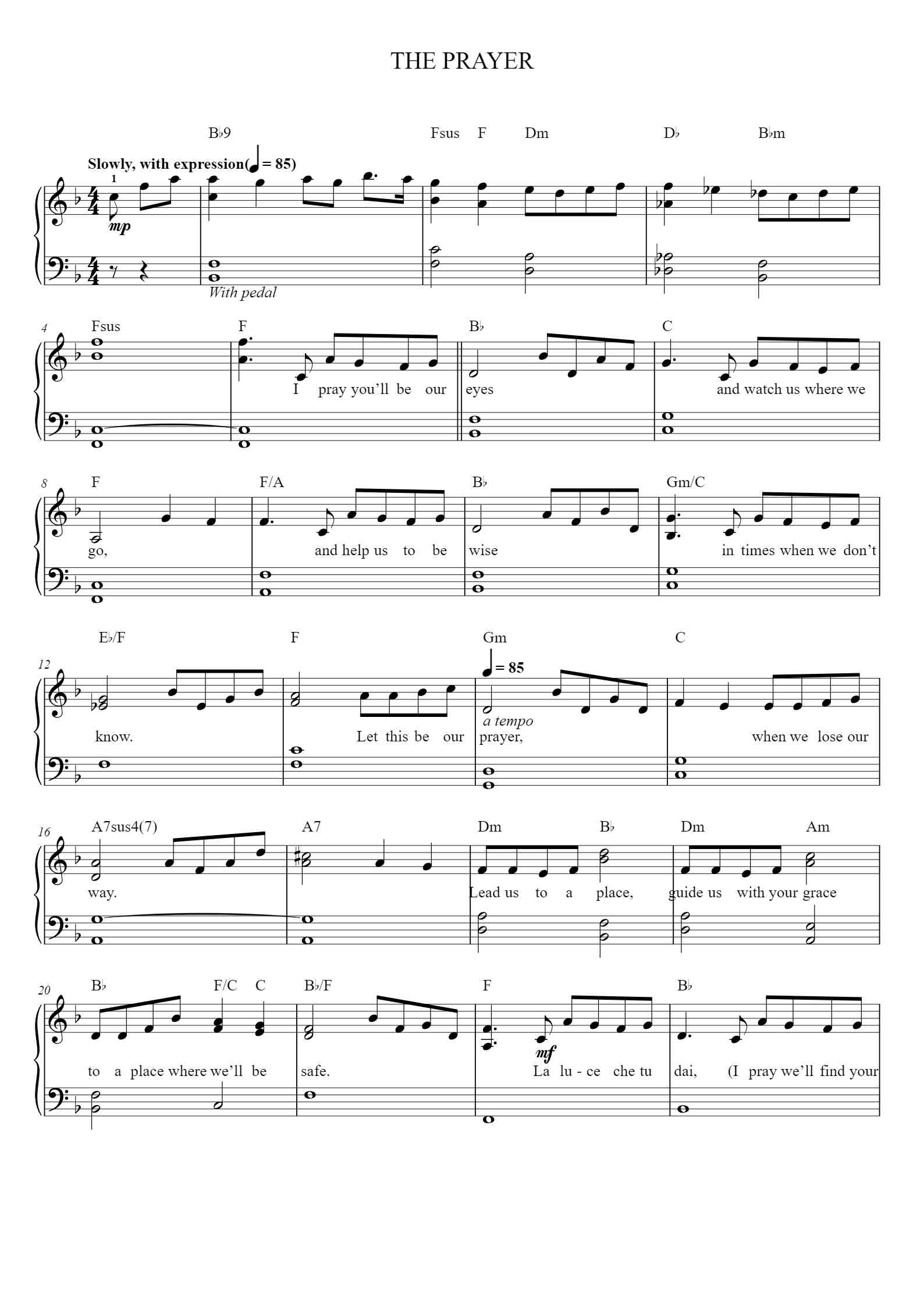 'The Prayer' - Piano Sheet Music By Words and Music by CAROLE BAYER ...