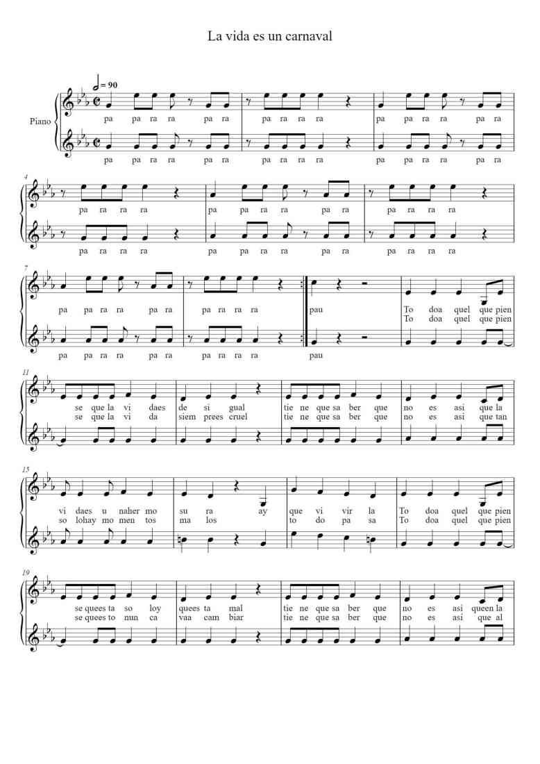 'La vida es un carnaval' - Piano Sheet Music By Celia Cruz ...