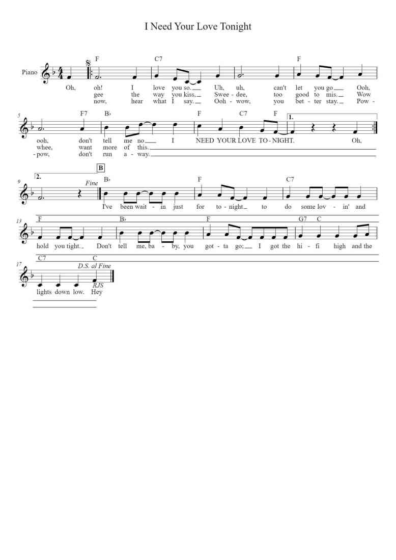 'I Need Your Love Tonight' - Piano Sheet Music By Sid Wayne and Bix ...
