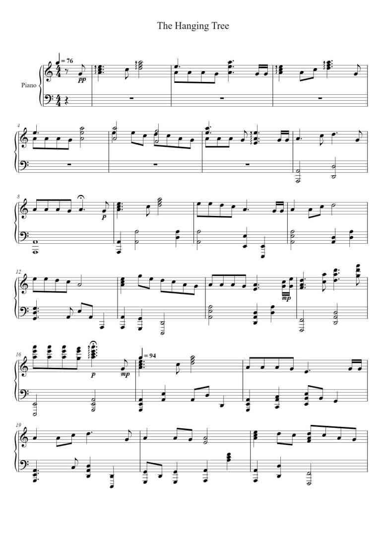 'The Hanging Tree' - Piano Sheet Music By Arr. by Alex Snyder | TOPiano