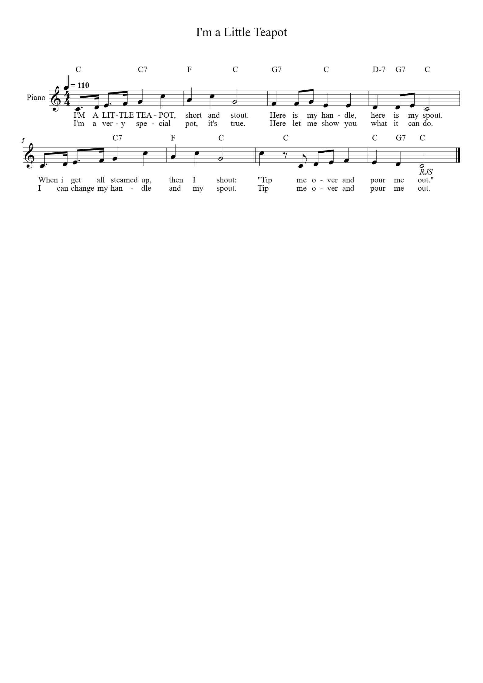 'I'm a Little Teapot' - Piano Sheet Music By George Harold Sanders and ...