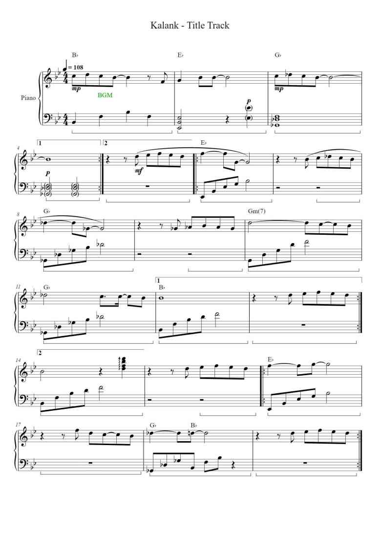 'Kalank - Title Track' - Piano Sheet Music By Composer: Pritam Arranged ...