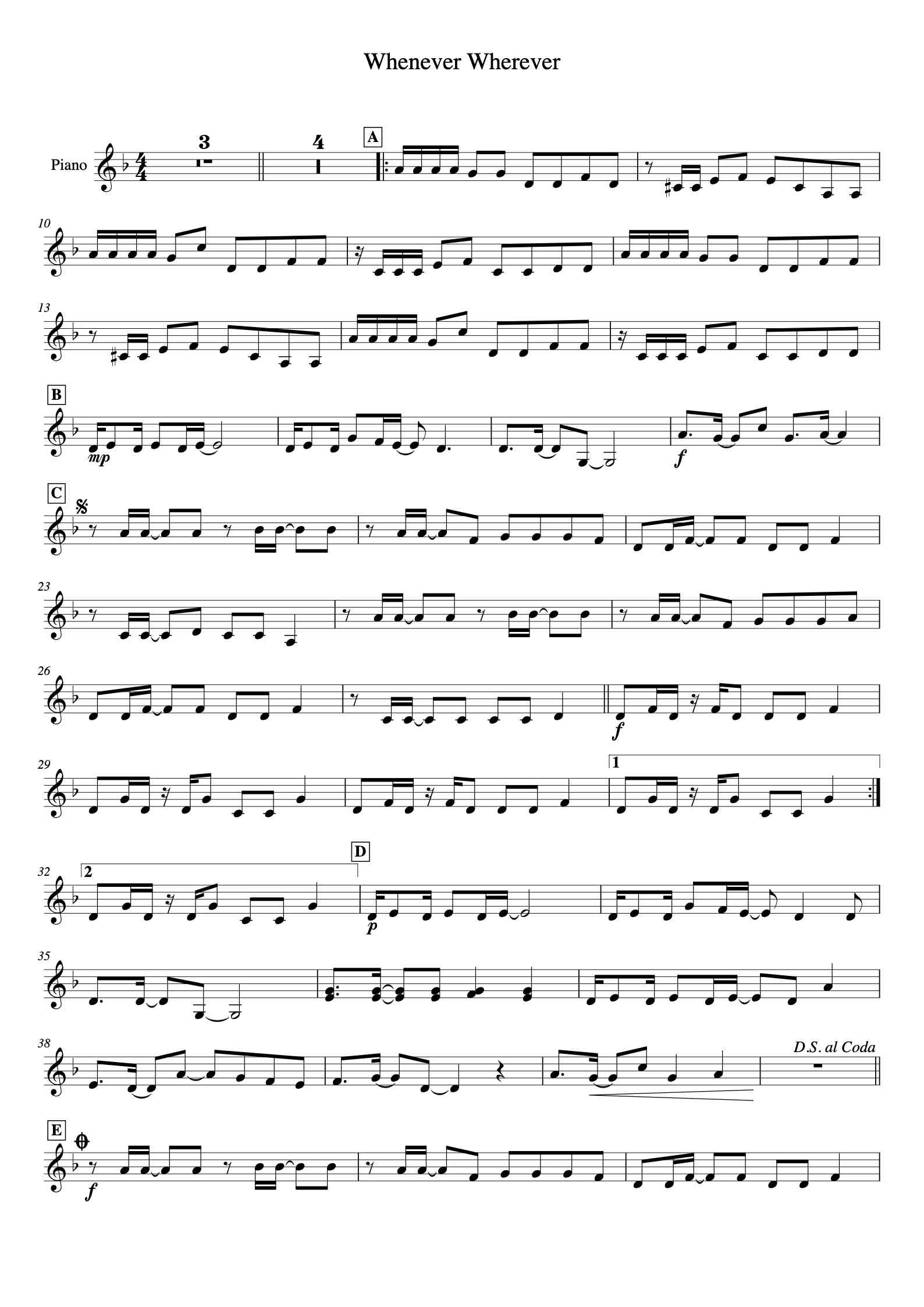 'Whenever Wherever' - Piano Sheet Music By Shakira Arr. Emily Magee ...