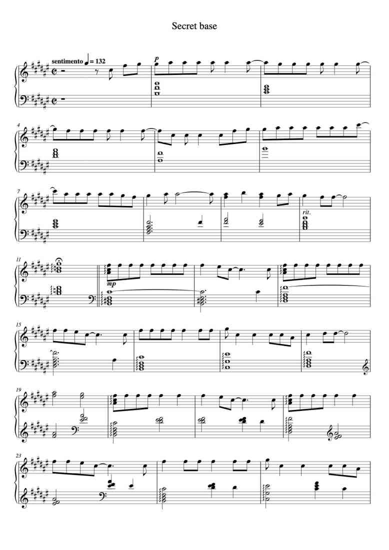 'Secret base' - Piano Sheet Music By Arranged by Billninxc Artist ...