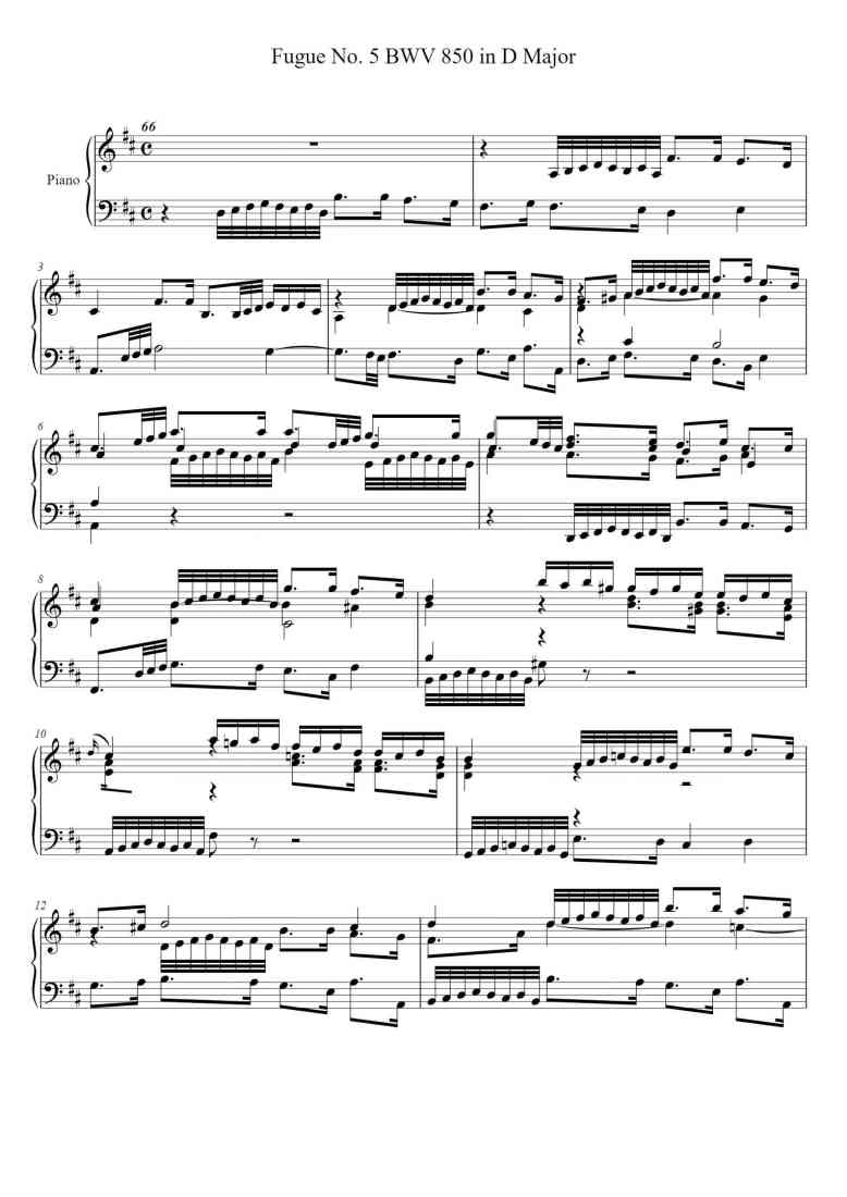 'Fugue No. 5 in D Major, BWV 850' - Piano Sheet Music By Johann Sebastian Bach (1685 ? 1750 ...